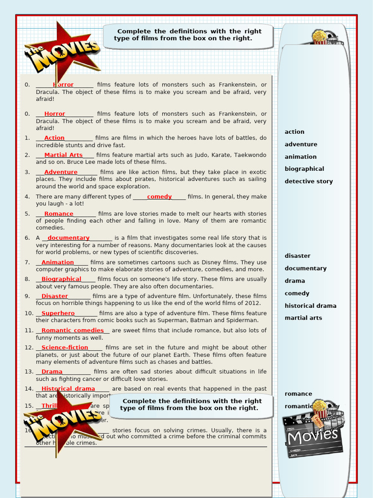 Types of Films Information Gap Activities Reading Comprehension e ...