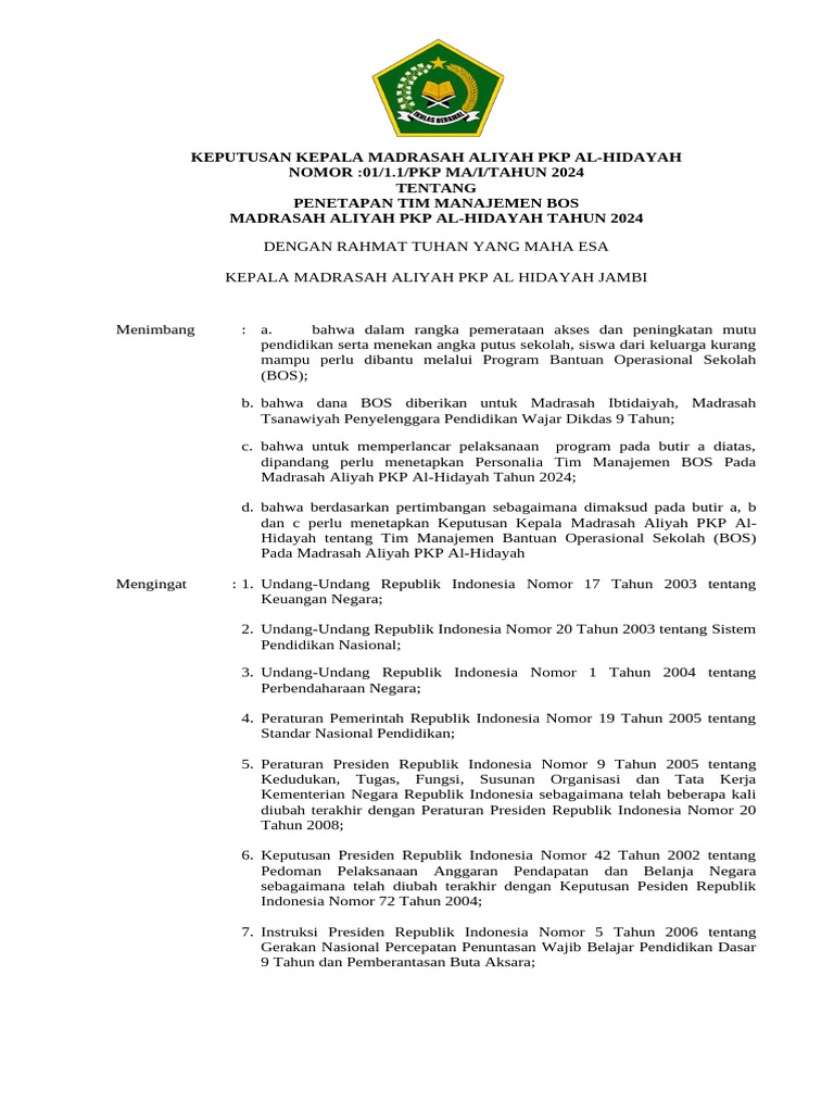 SK Tim Manajemen BOS Madrasah 2024 | PDF