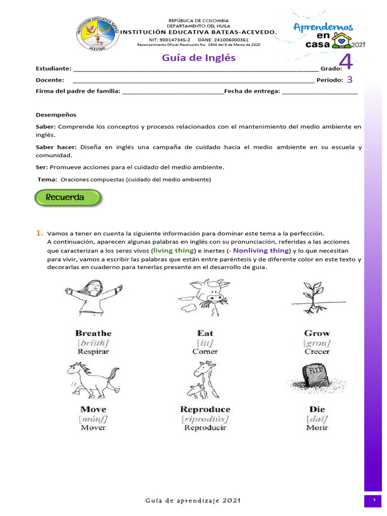 Guia de Inglés Cuarto 3P | PDF