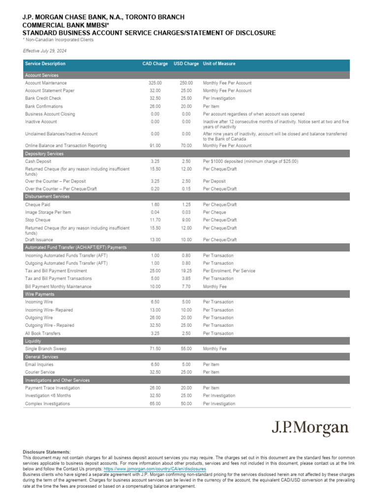 J.P. Morgan Toronto Business Account Fees | PDF | Cheque | Banks