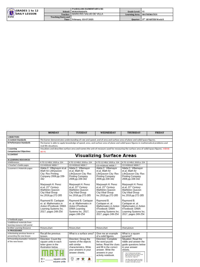 DLL_MATHEMATICS 6_Q3_W7 | PDF | Learning | Mathematics