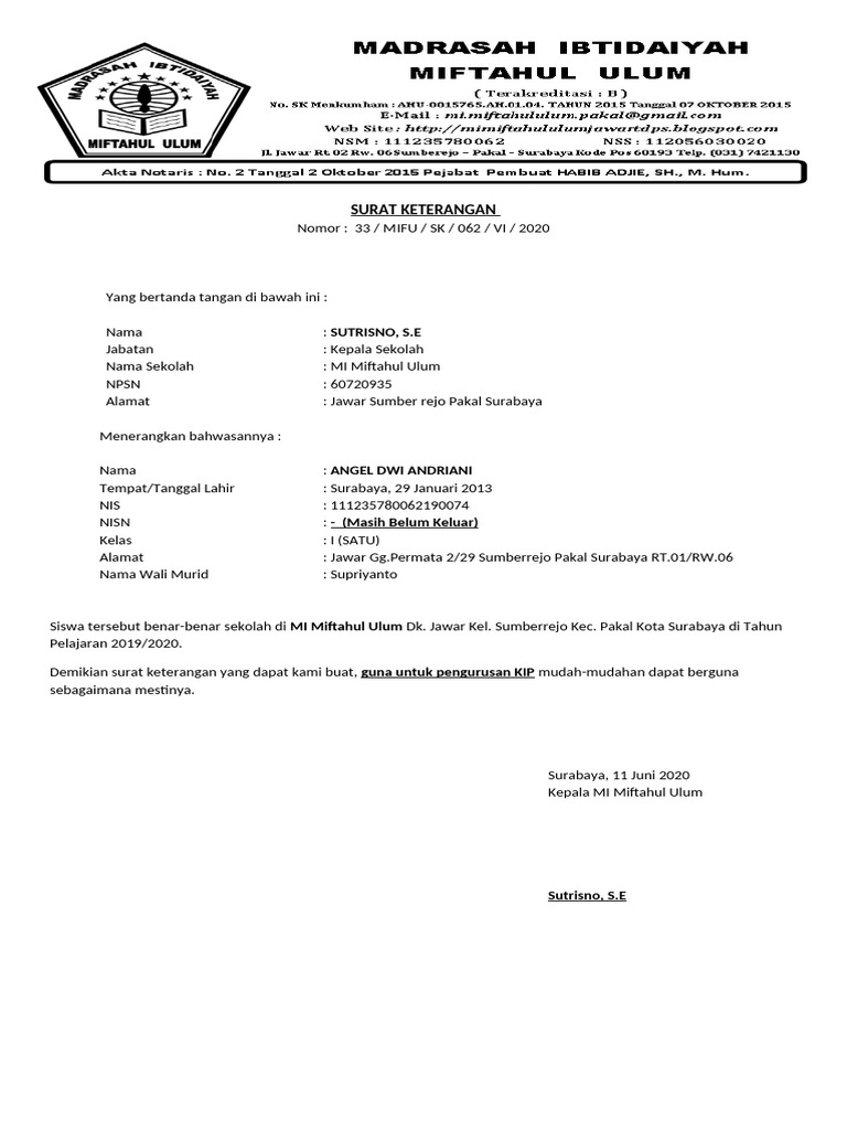 Surat Keterangan Kip Siswa | PDF