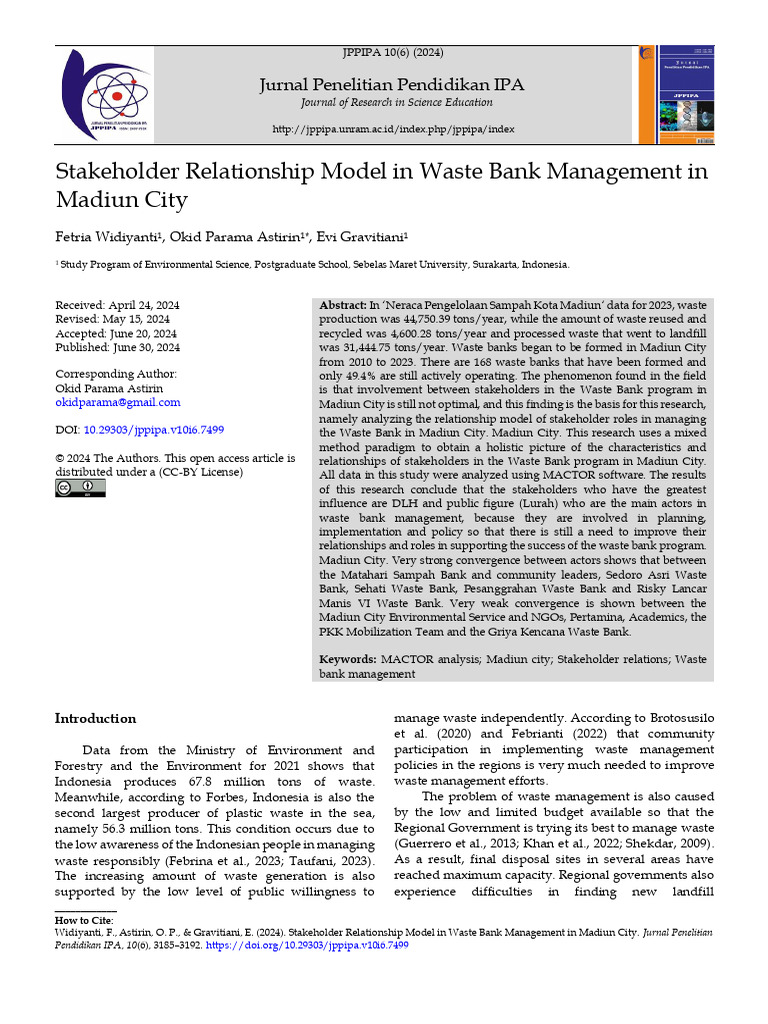 Stakeholder Relationship Model in Waste Bank Manag | PDF | Waste ...