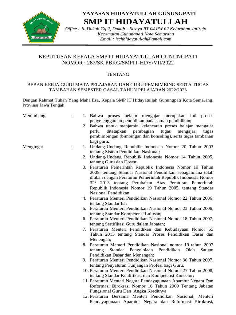 SK Pembagian Beban Kerja Guru Bos 2023 | PDF