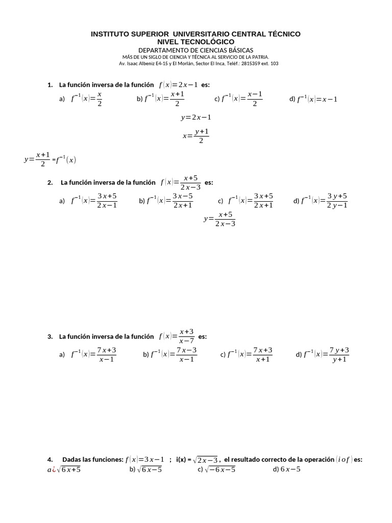 Taller Funcion Inversa y Compuesta | PDF
