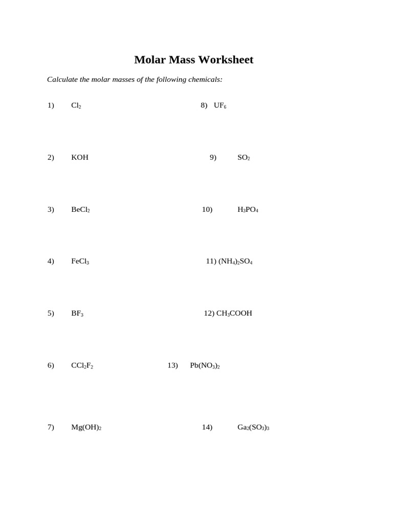 Molar Mass and Mole Calculations Worksheet | PDF