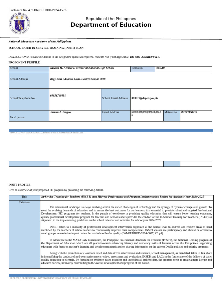 INSET Plan for Teacher Development 2024-2025 | PDF | Literacy | Learning