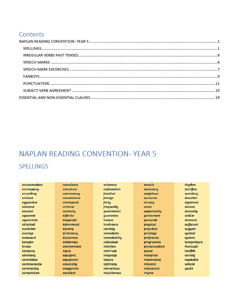 NAPLAN READING COMVENTION Year 5 | PDF | Grammatical Number | Plural