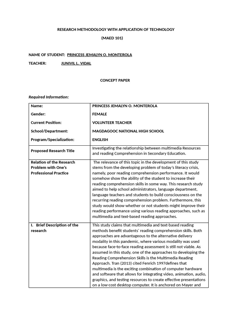 Monterola Research Proposal Maed101 | PDF | Reading Comprehension | Multimedia