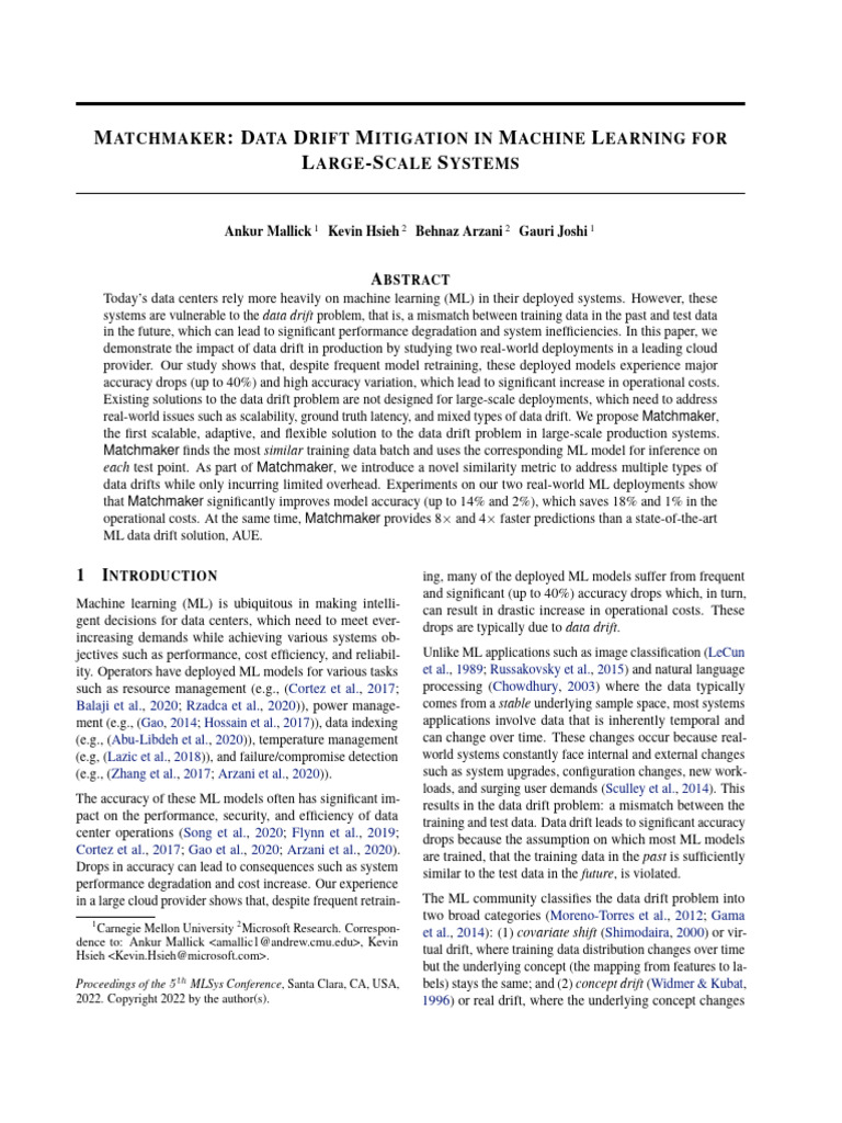 MLSys 2022 Matchmaker Data Drift Mitigation in Machine Learning for Large Scale Systems Paper ...