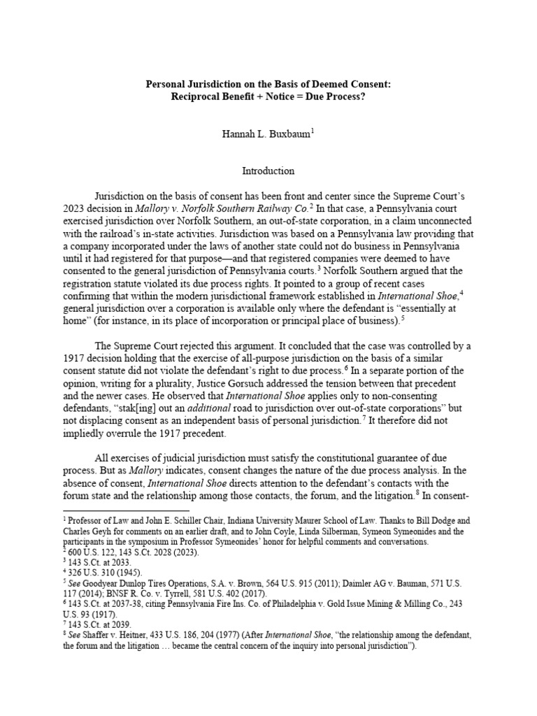 Personal Jurisdiction on the Basis of Deemed Consent Reciprocal Benefit + Notice = Due Process ...