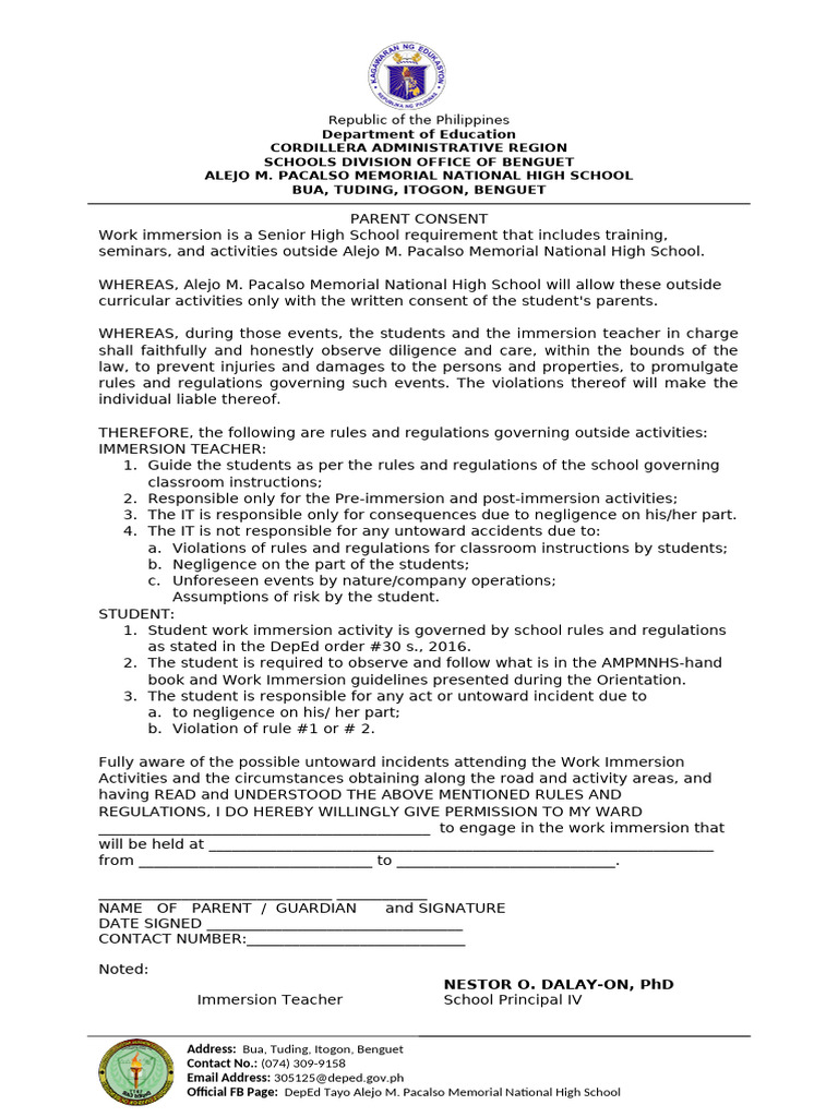 parent's consent work immersion 24-25 (1) | PDF | Negligence | Justice