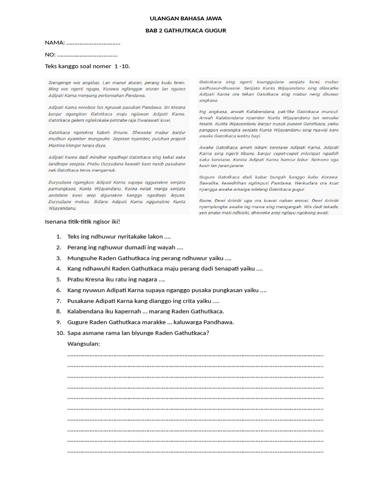 Ulangan Bahasa Jawa: Gathutkaca | PDF