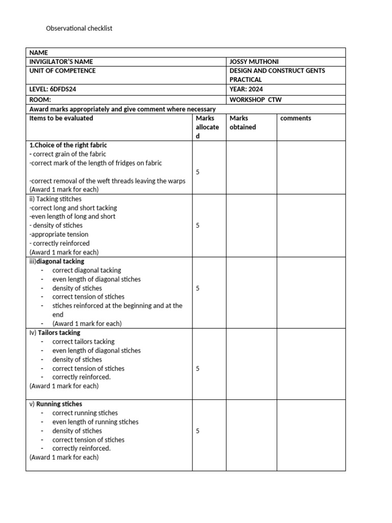 Gents Practical Evaluation Checklist | PDF | Seam (Sewing) | Textile Arts