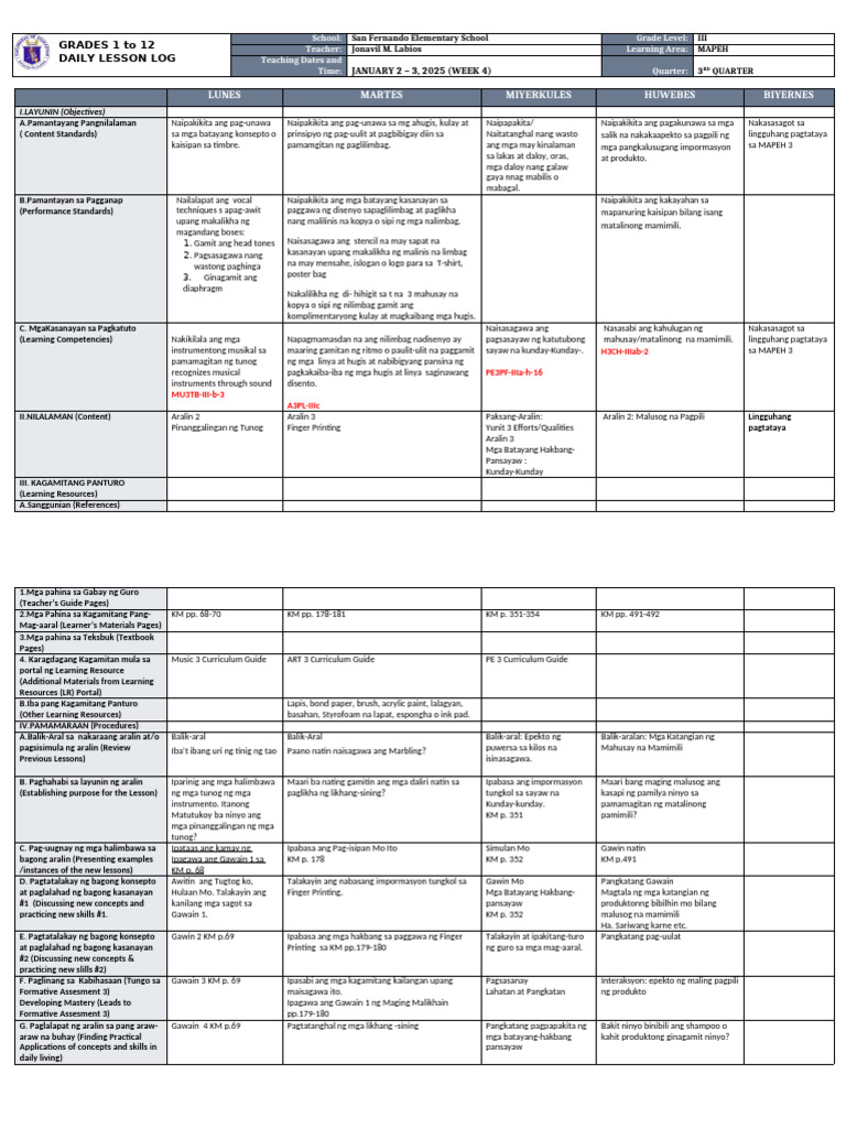 DLL - Mapeh 3 - Q3 - W4 | PDF