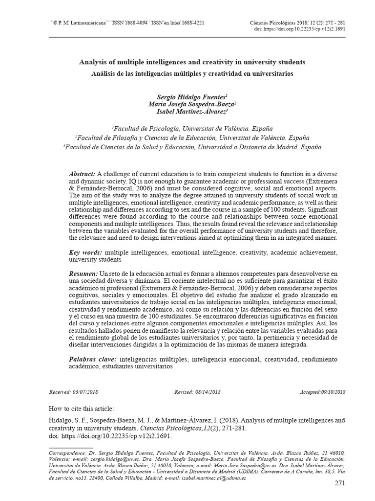Analysis of Multiple Intelligences and Creativity in University ...