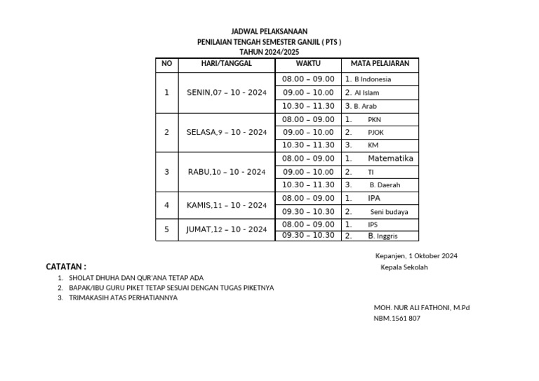JADWAL PELAKSANAAN uts 2024-2025 | PDF
