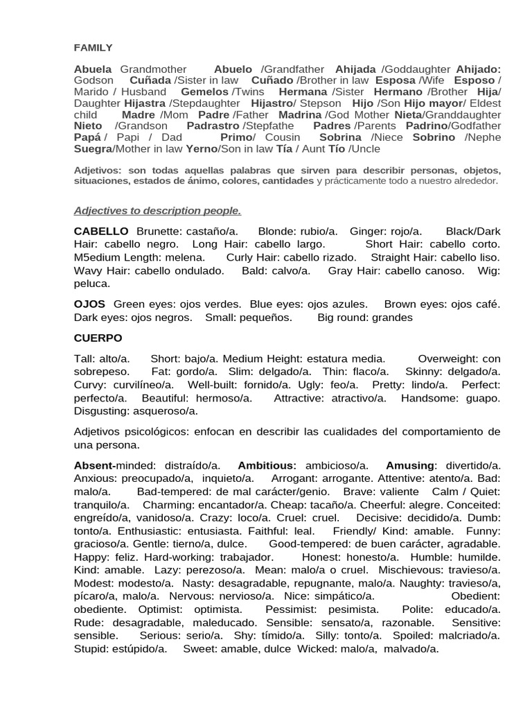 Vocabulario Familiar y Adjetivos | PDF | Apariencia humana | Belleza