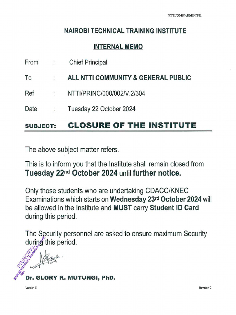 Memo - Closure of the Institute | PDF