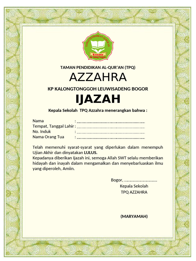 Ijazah TPQ Azzahra Kalongtonggoh | PDF