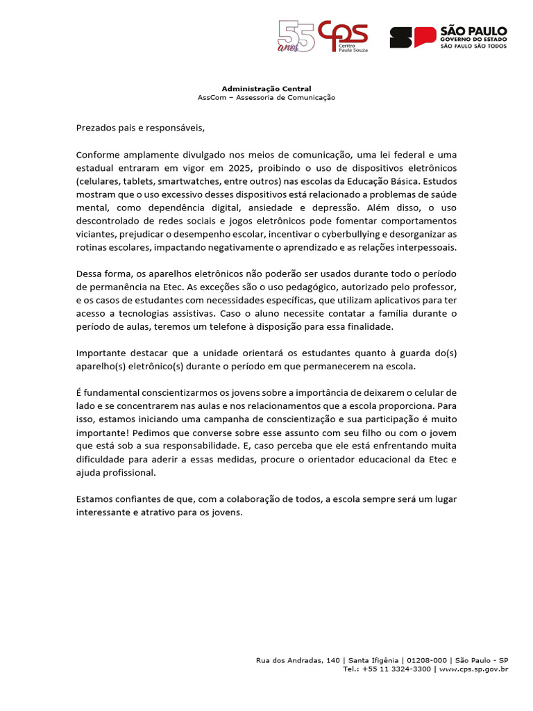 25 01 31 Uso Celular Comunicado Pais | PDF