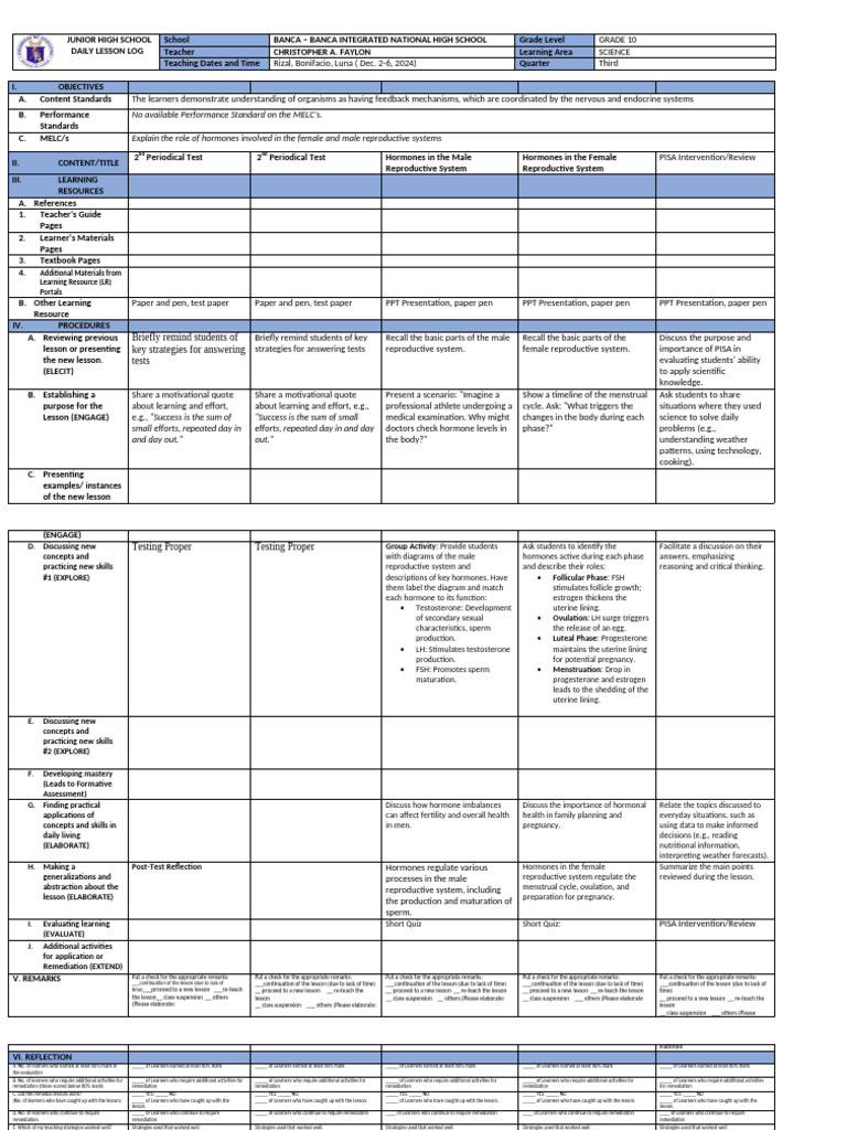 Dec. 2 Grade 10 | PDF | Reproductive System | Endocrine System