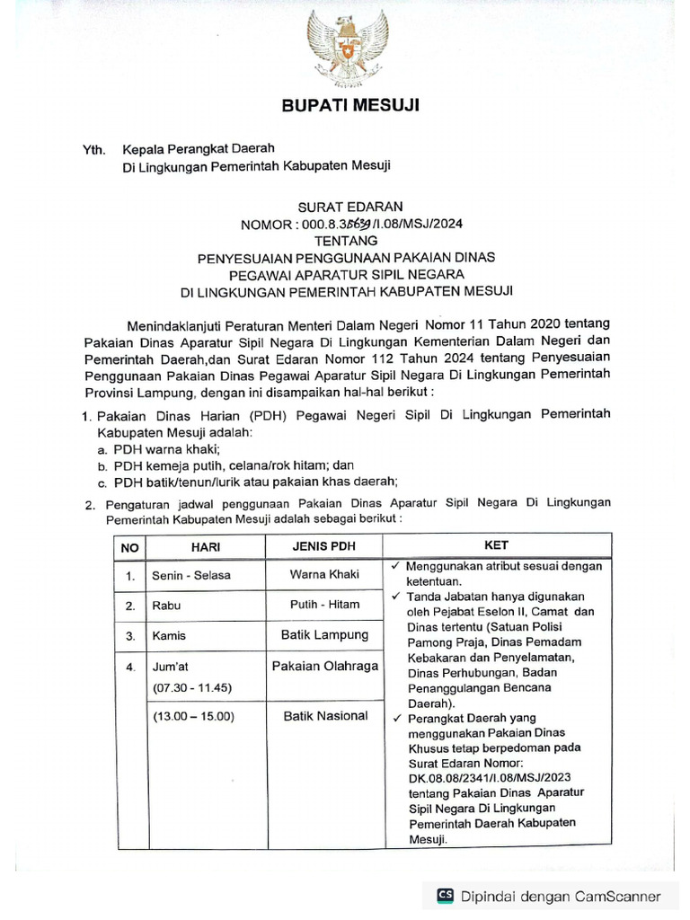 Surat Edaran Bupati TTG Penyesuaian Penggunaan Pakaian Dinas Pegawai ASN Di Lingkungan ...