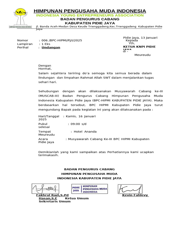 Undangan MUSCAB-III BPC HIPMI Pidie Jaya | PDF