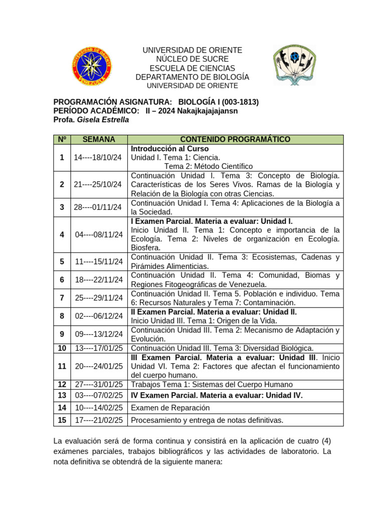 Programación Asignatura Biología I (003-1813) Ii-2024 | PDF | Biología | Ecología