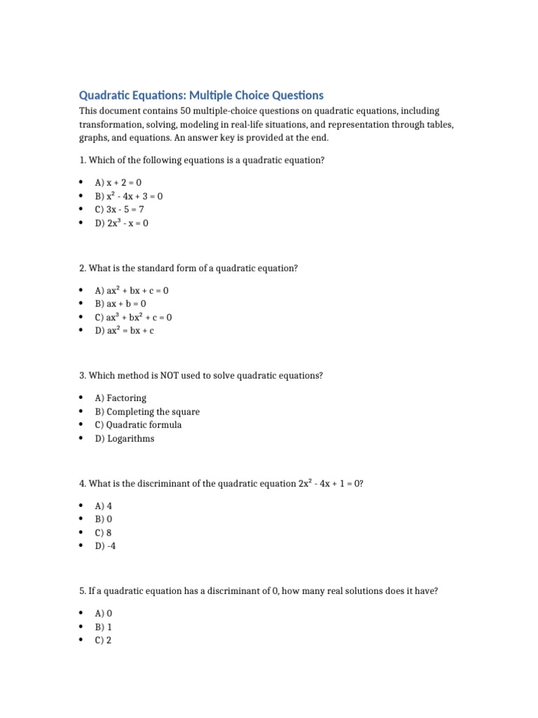 Quadratic Equations MCQs Fixed | PDF | Equations | Mathematical Concepts