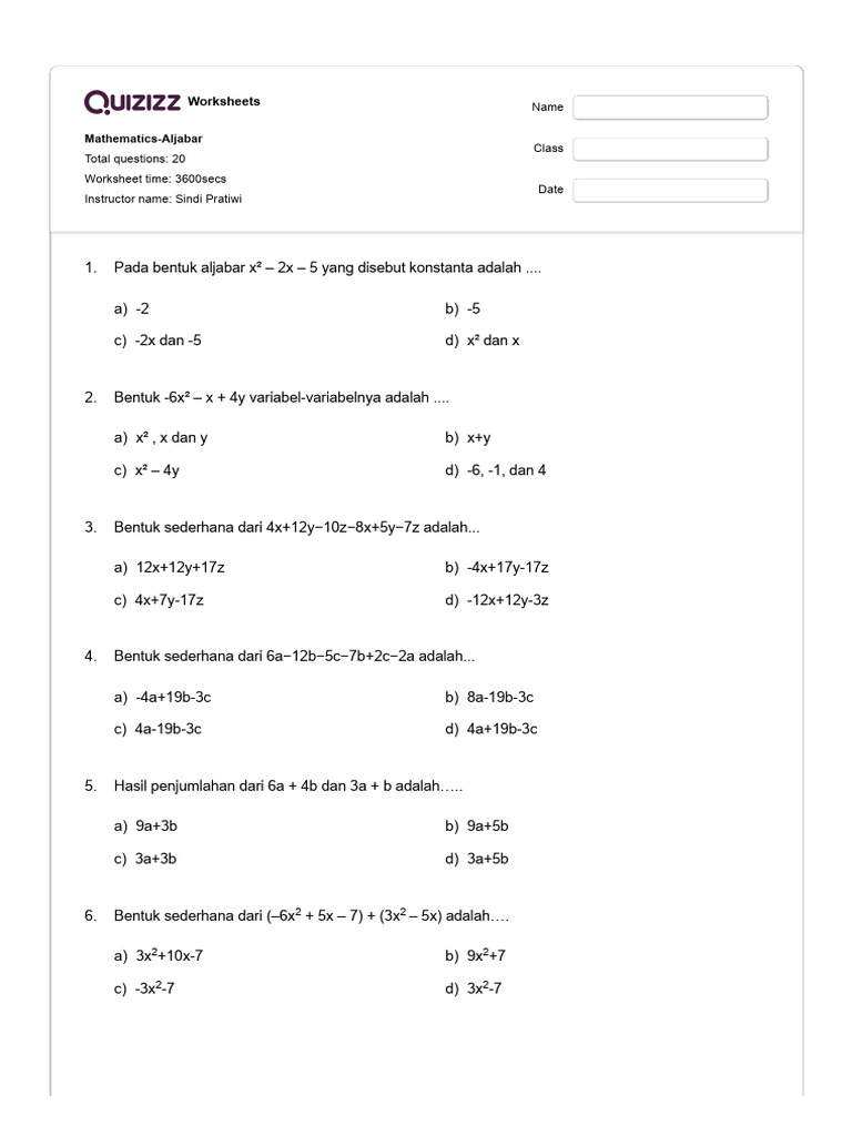 Quizizz Mathematics Aljabar | PDF