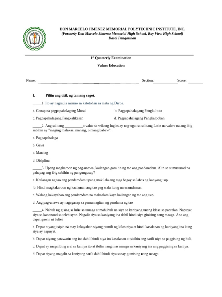 Values-Ed Exam | PDF