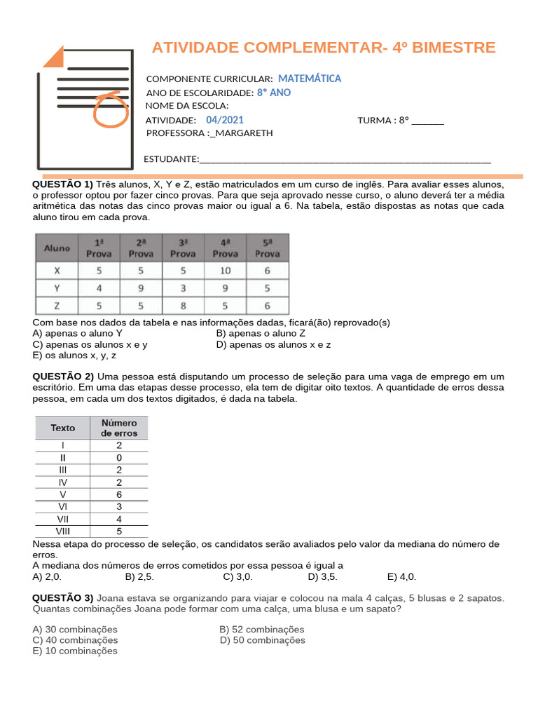 PET Complementar 8º ANO 4º Bimestre | PDF | Probabilidade | Agronegócio