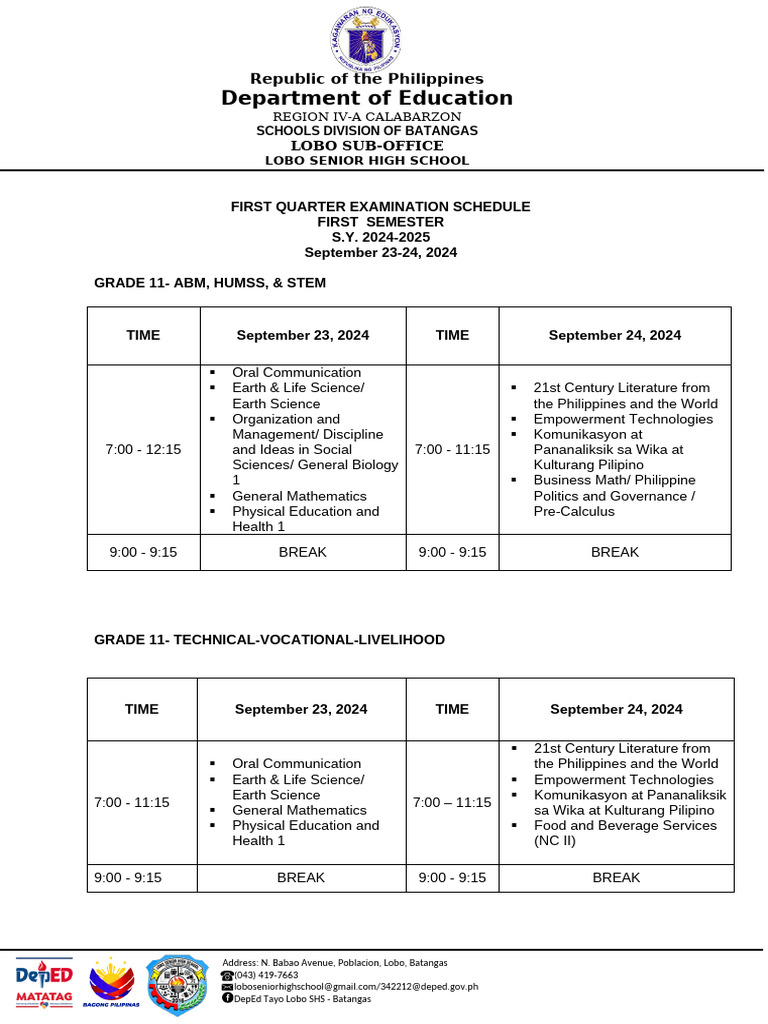 QUARTER-1-EXAM-SCHEDULE-2024-2025 | PDF | Science