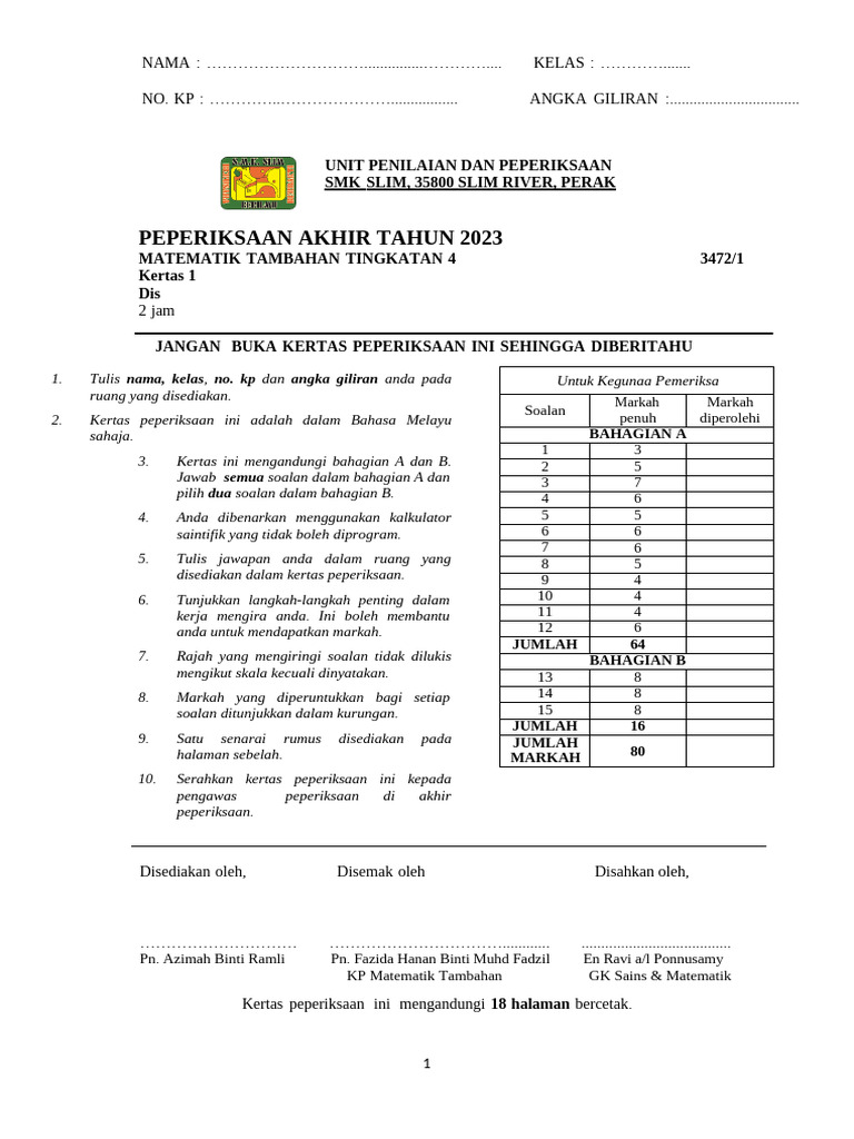PAT Add Math F4 2023 | PDF