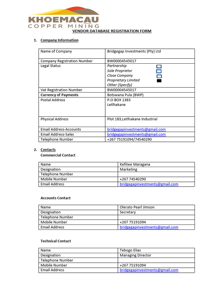 Khoemacau Vendor Registration Form | PDF | Business