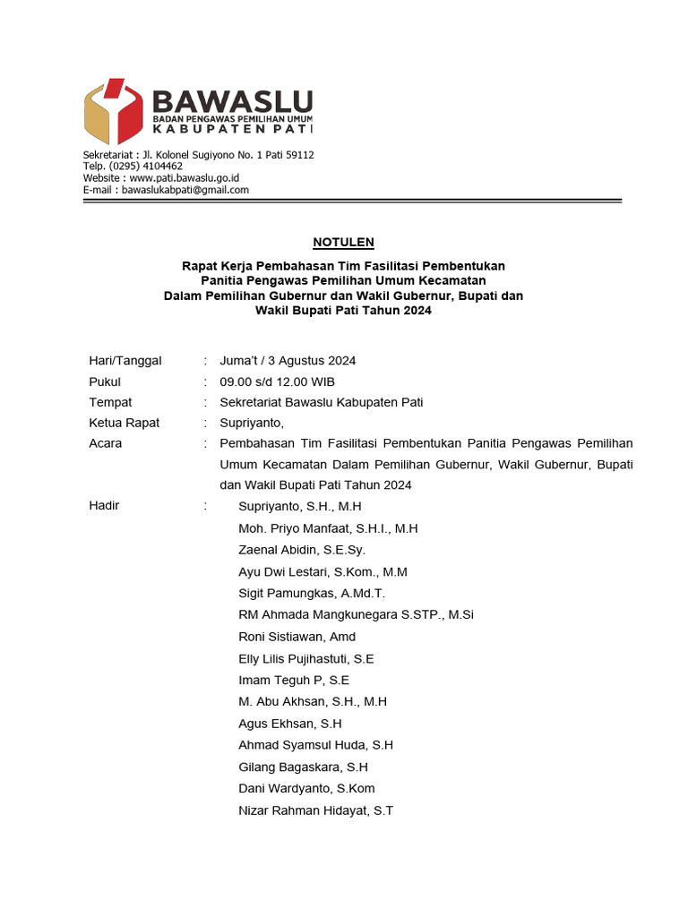1724411031882-Notulen Rapat Pleno Pembentukan Panwaslucam 2024 | PDF