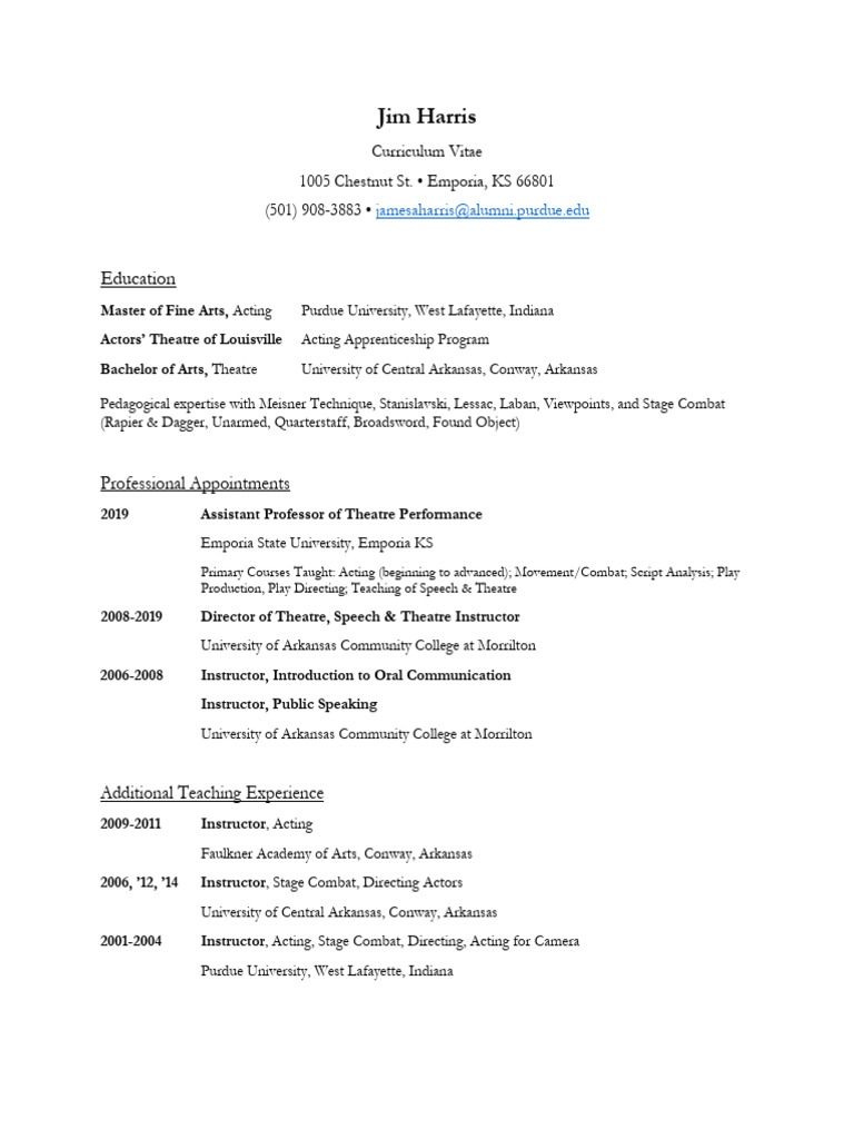 Jim Harris: Theatre CV & Experience | PDF | William Shakespeare | Theatre