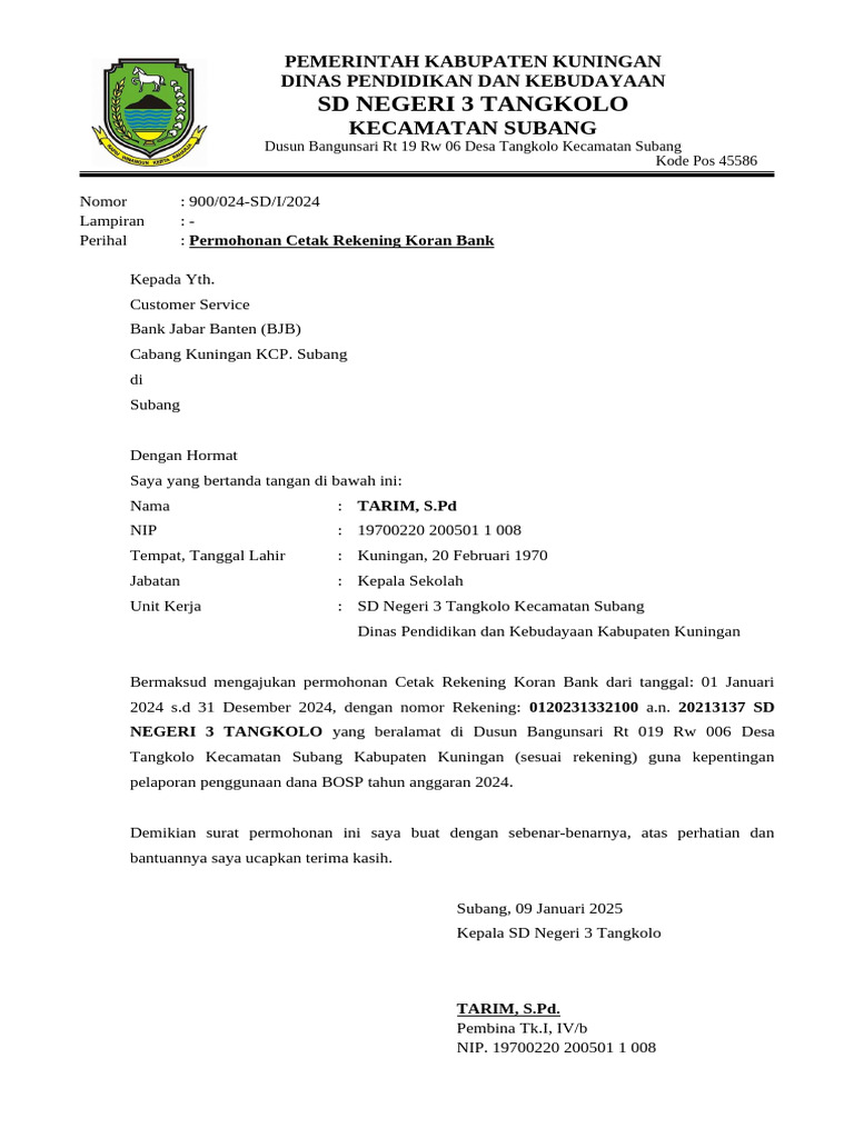 Surat Permohonan Rek Koran 2024 Sd Negeri 3 Tangkolo | PDF