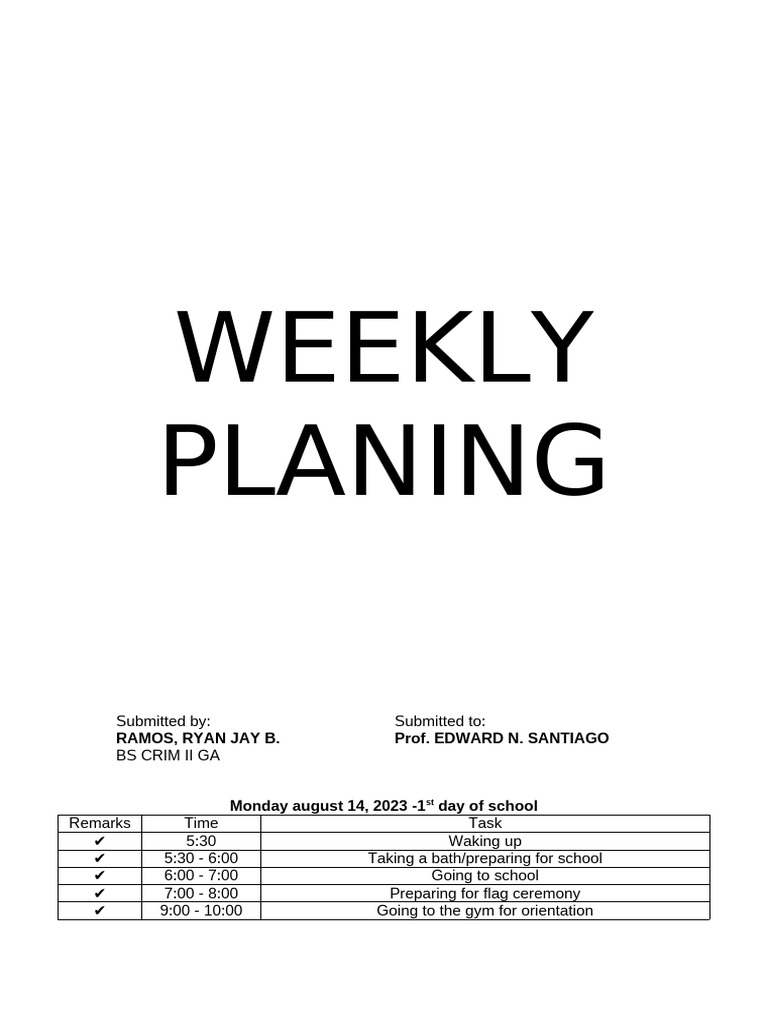 Prelim Ramos Ryan Jay B. Weekly Plan | PDF | Disciplines | Sleep