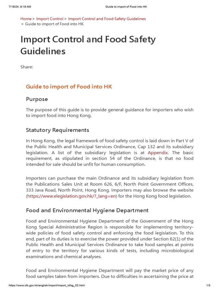 Food Import Guidelines for Hong Kong | PDF | Food Safety