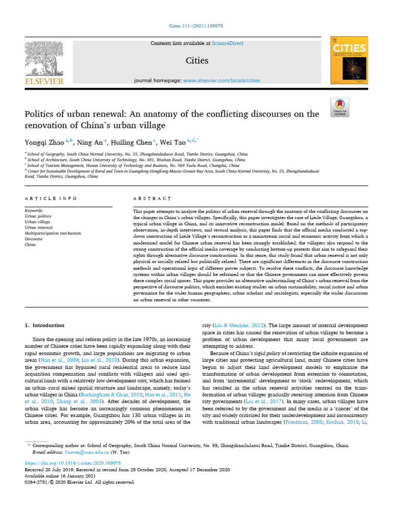 Zhao et al. politics of urban renewal anatomy of conflicting discourses 2021 | PDF | China ...