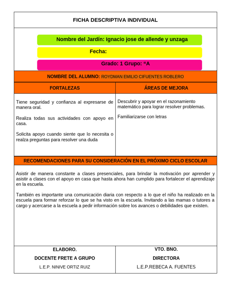 FICHA DESCRIPTIVA INDIVIDUAL | PDF | Escuelas | Aprendizaje