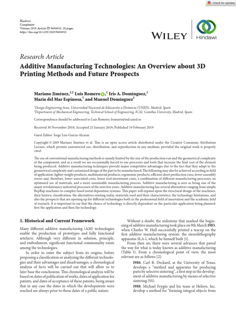 Complexity - 2019 - Jiménez - Additive Manufacturing Technologies an Overview About 3D Printing ...