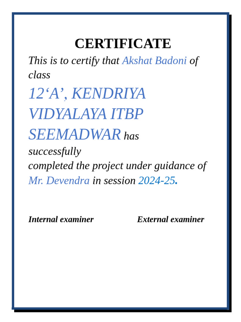 Certificate: 12 A', KENDRIYA Vidyalaya Itbp Seemadwar | PDF