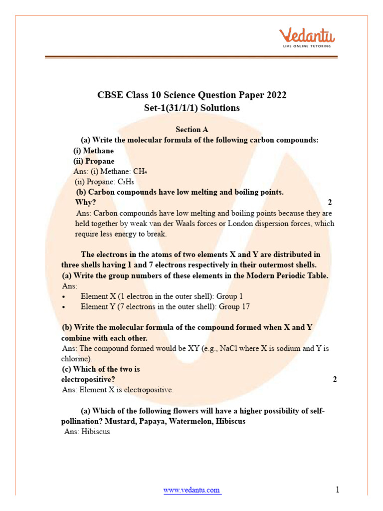 Class 10 Science Question Paper 2022 Set 1 (31 - 1 - 1) With Solutions ...