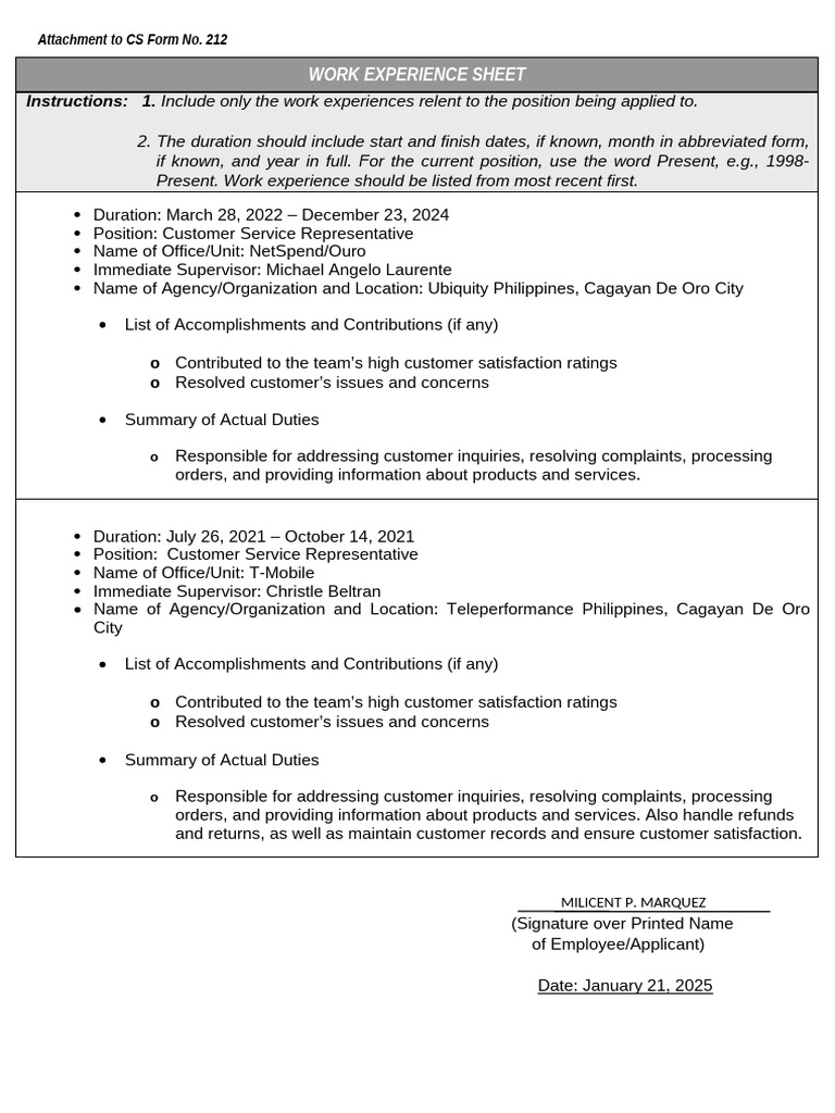 CS Form No. 212 Attachment - Work Exp Milicent Marquez | PDF