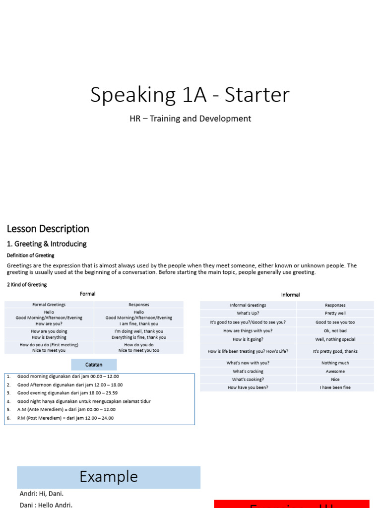 Speaking 1A - Starter 1. Greeting & Self Introduction | PDF | Human ...