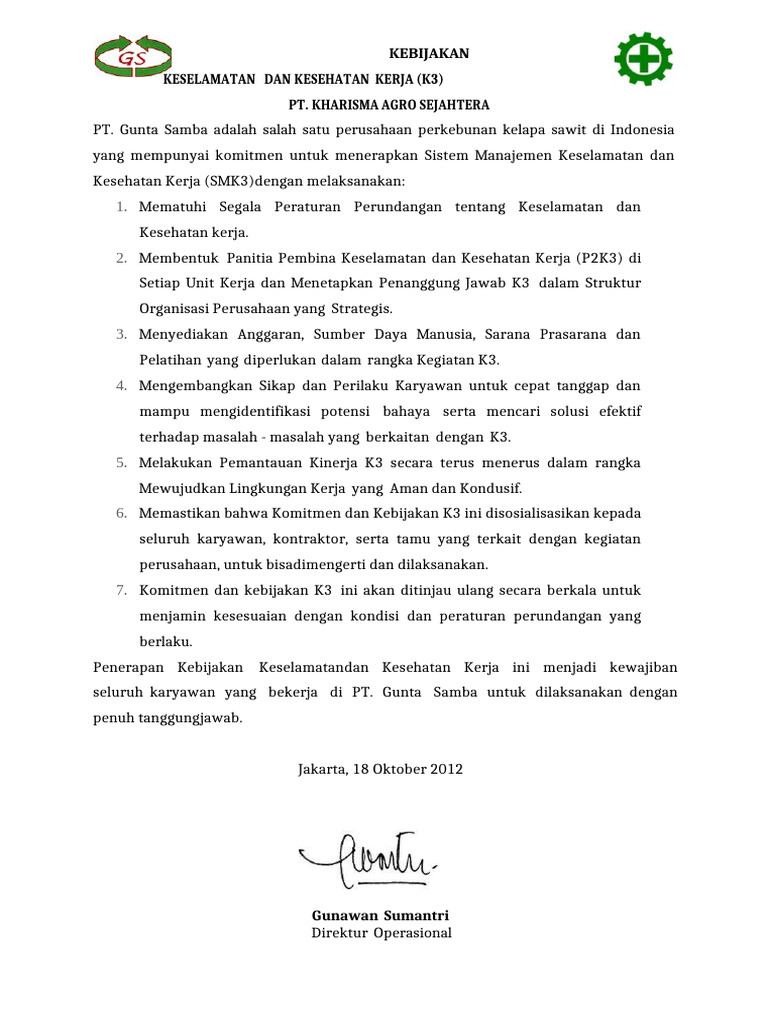 Kebijakan K3 PT Gunta Samba 2023 | PDF