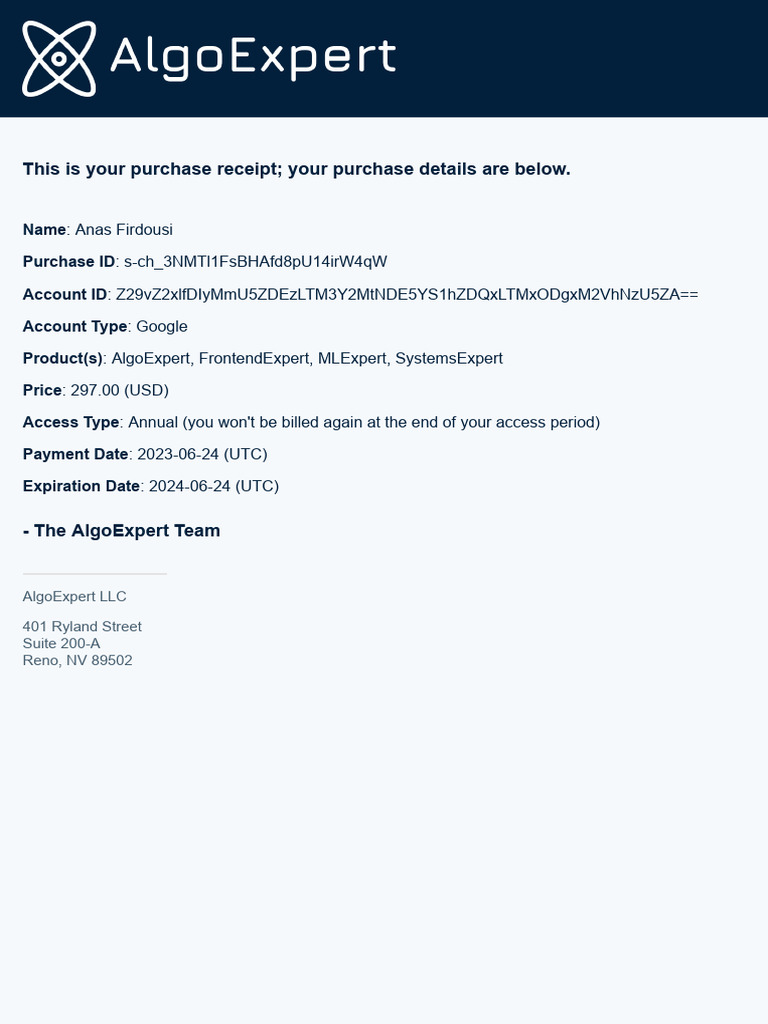 AlgoExpert Receipt | PDF